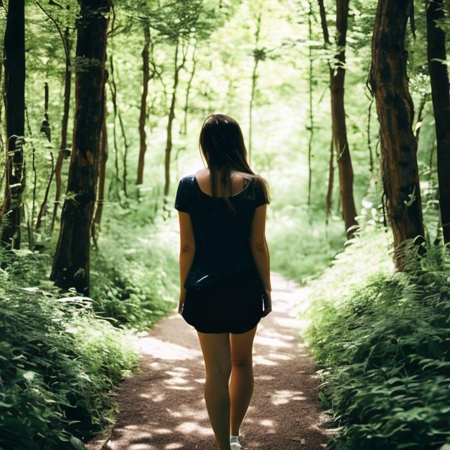 Woman with her back turned towards you walking down...