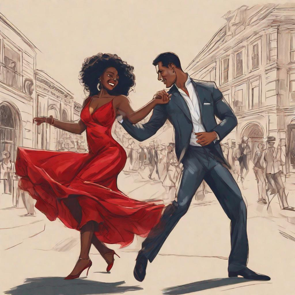Beautiful black woman in a silky red dress dancing w...