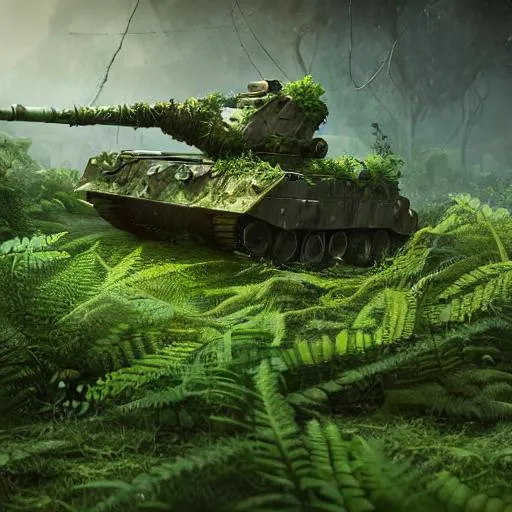 overgrown t90 battle tank , vines, ferns, abandoned... | OpenArt