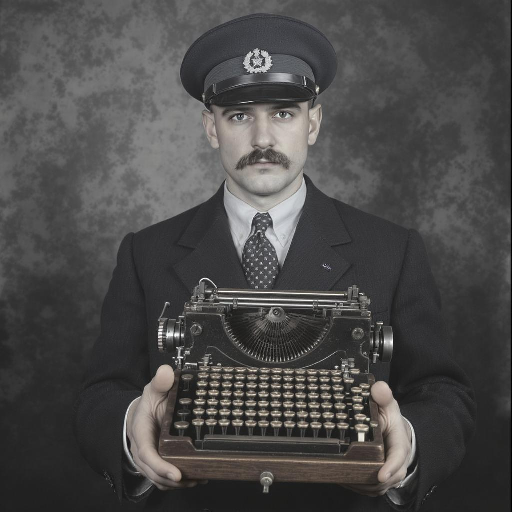 Imagine a man holding an enigma machine from ww2