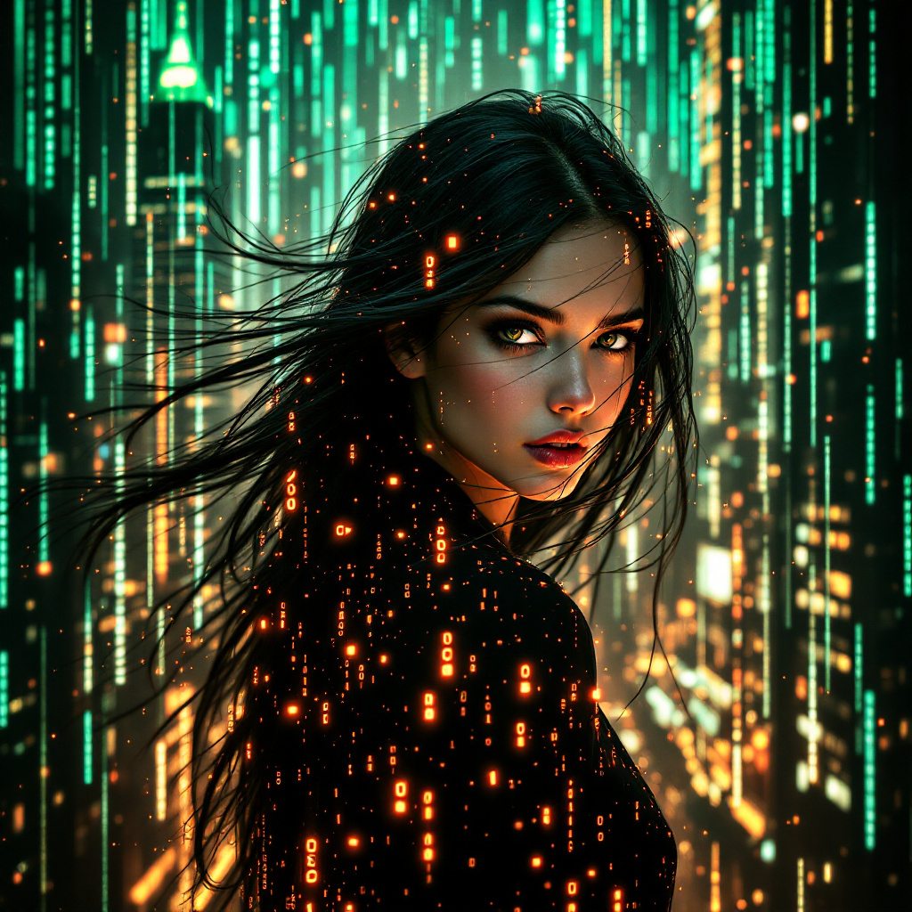 A young woman, engulfed in flowing Matrix code, digi...