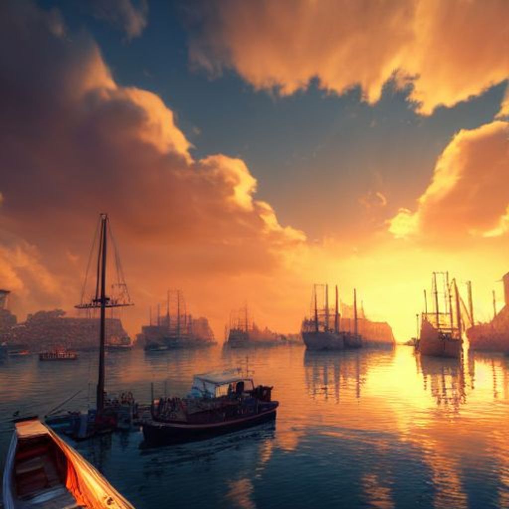port, boats, sunset