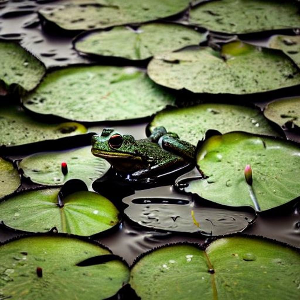 dark clouds, close - up of a scared frog in the pond... | OpenArt