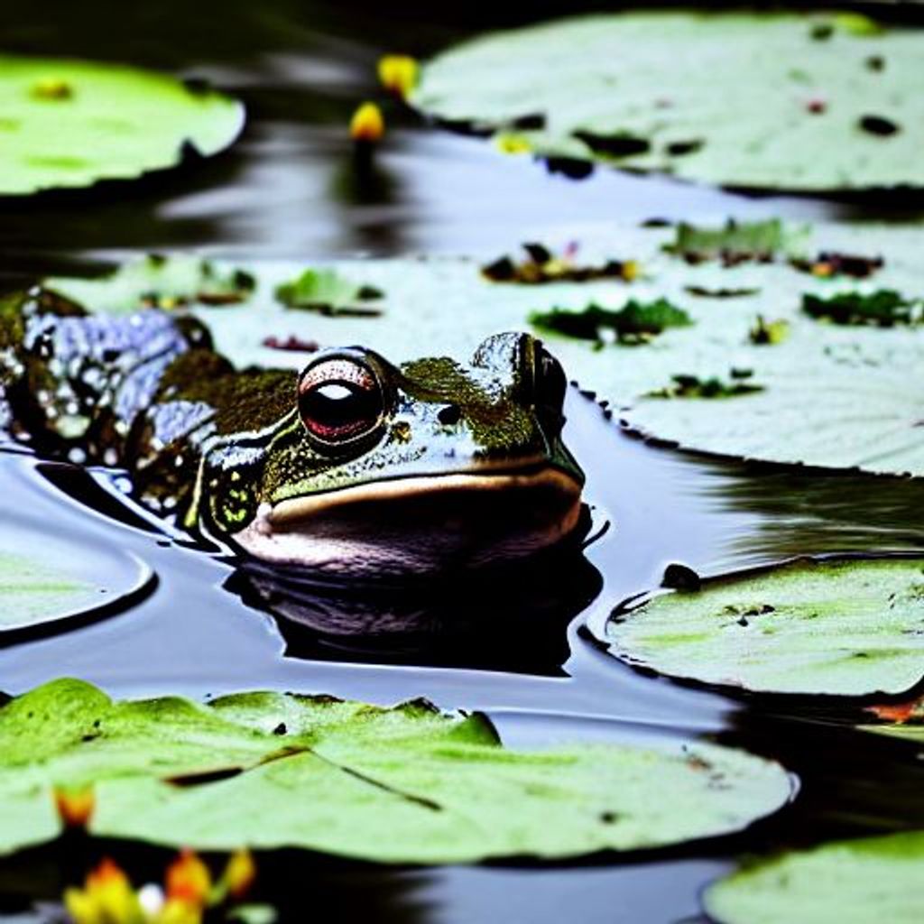 dark clouds, close - up of a scared frog in the pond... | OpenArt