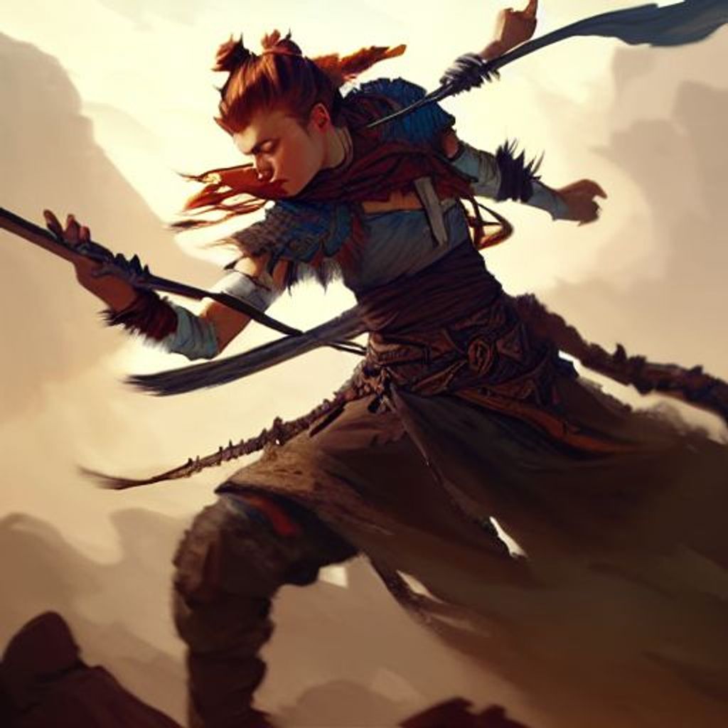 aloy, dynamic action poses, dnd, fantasy, intricate,...