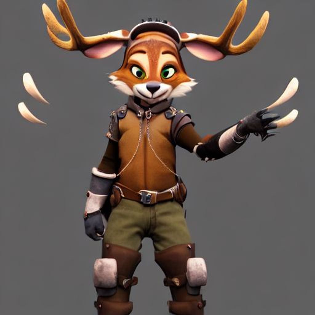 An anthro elk, big ears, wearing bone armor, gauntle...