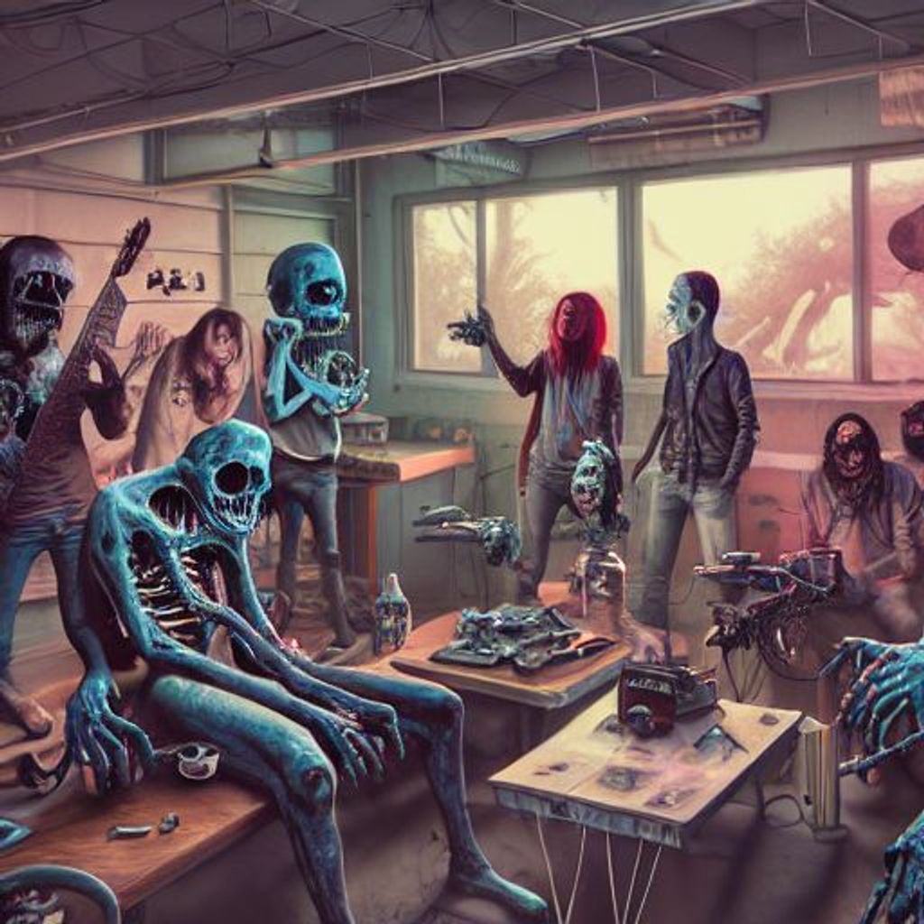 a garage of undead rock band, realistic, extremely d...
