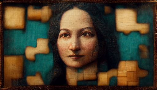 mona lisa as a puzzle on a wooden table | OpenArt