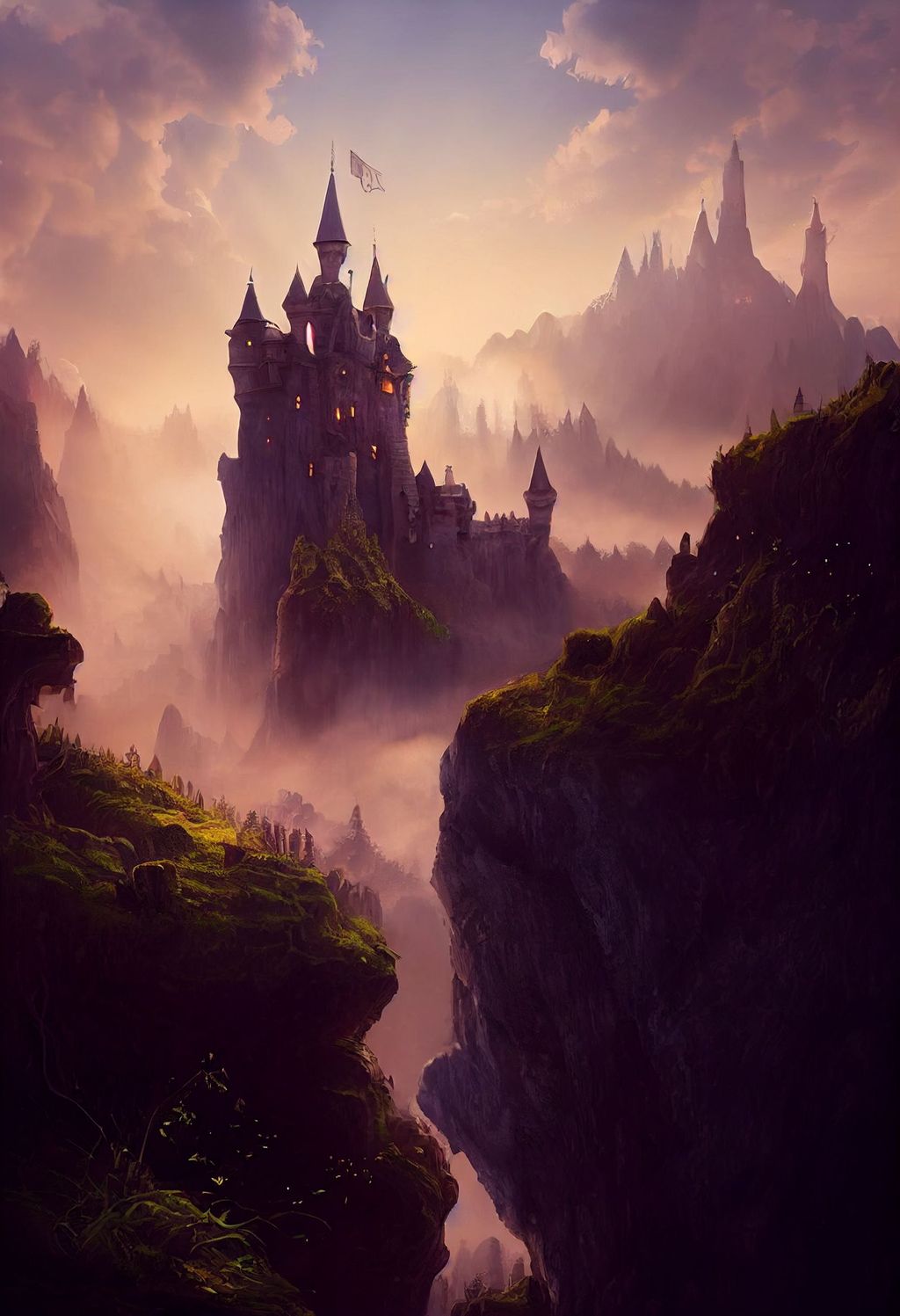 a painting of a castle in the middle of a forest, a... | OpenArt