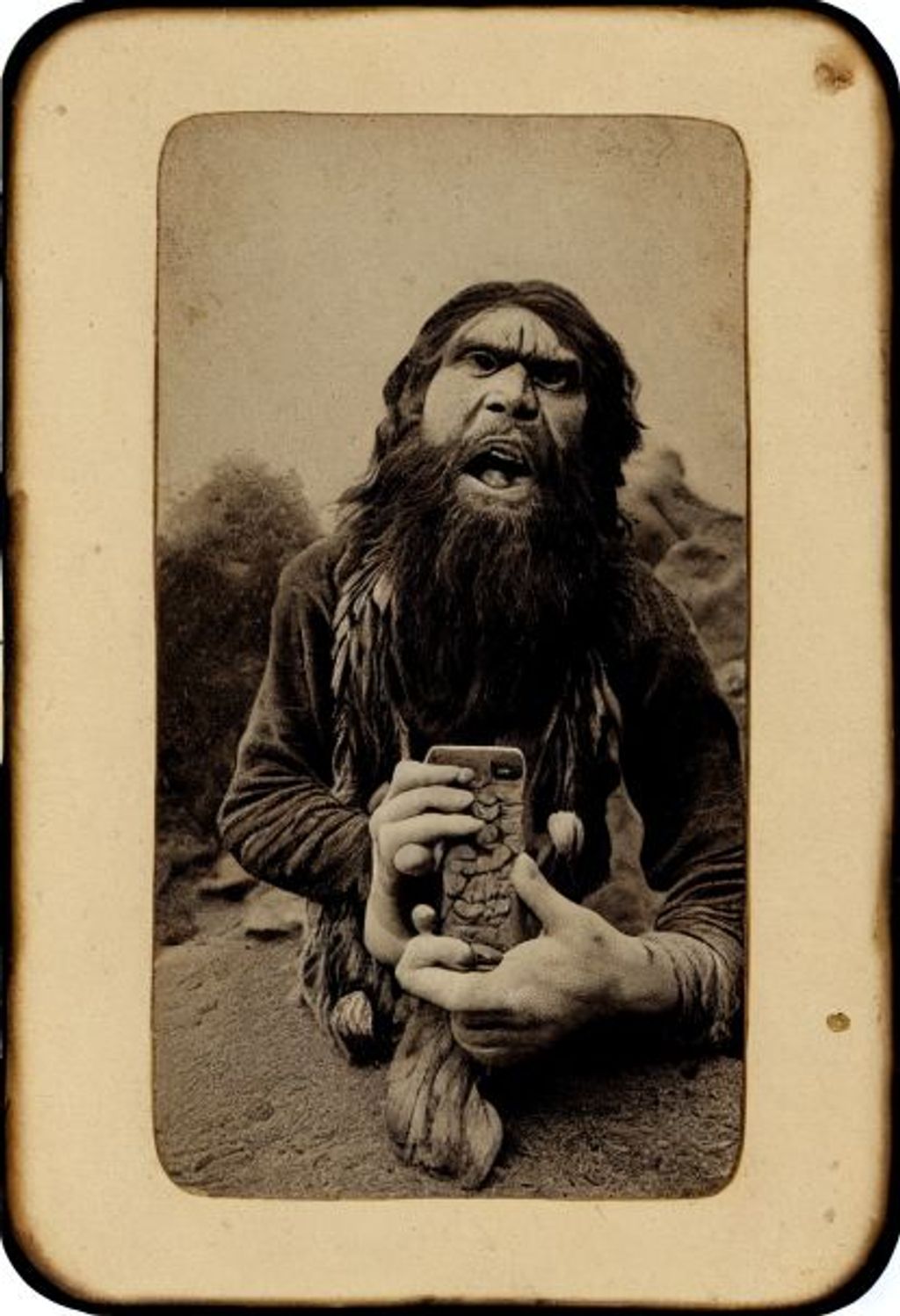 a caveman talking a selfie with a stone camera of hi... | OpenArt