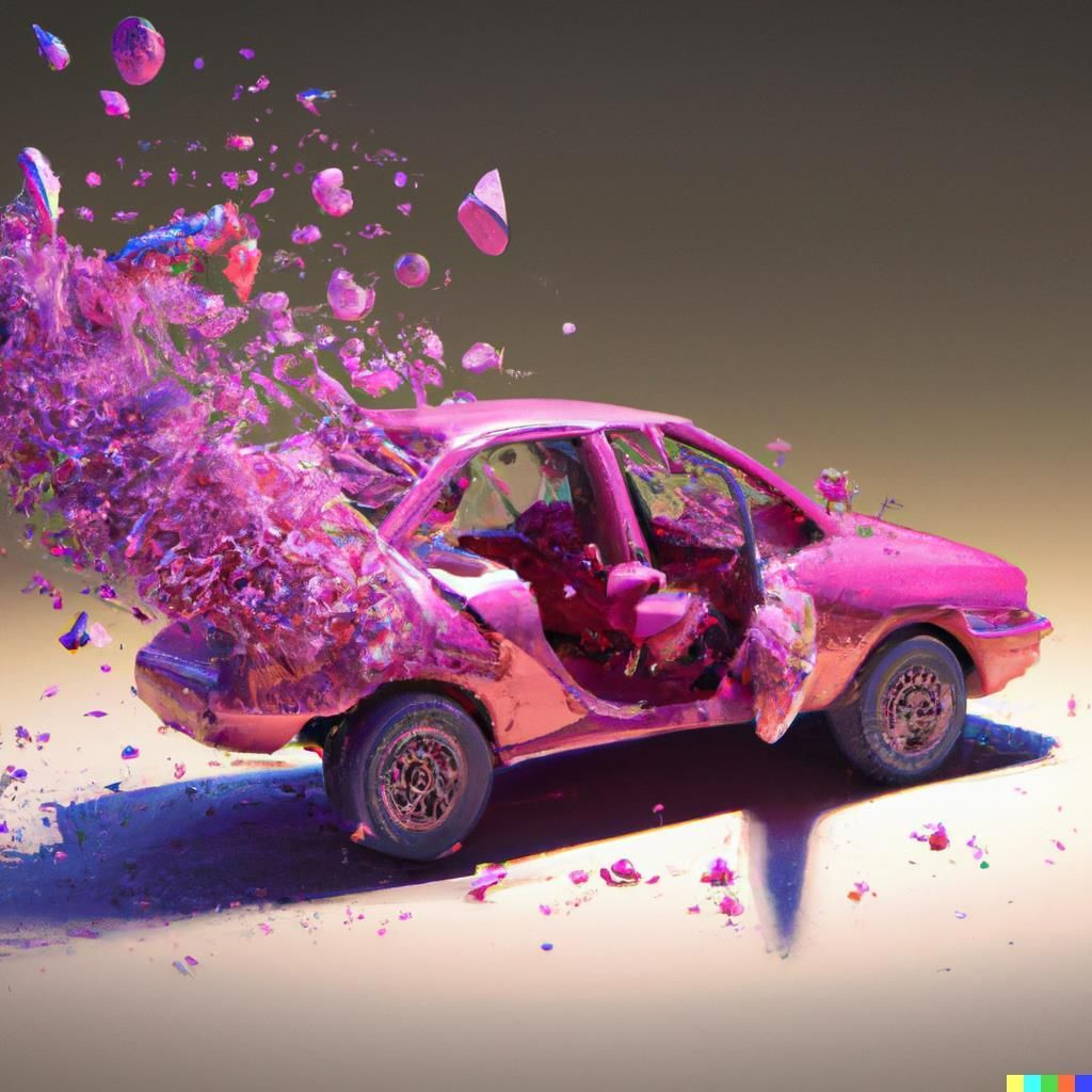 pink car exploding to pieces in space, digital art