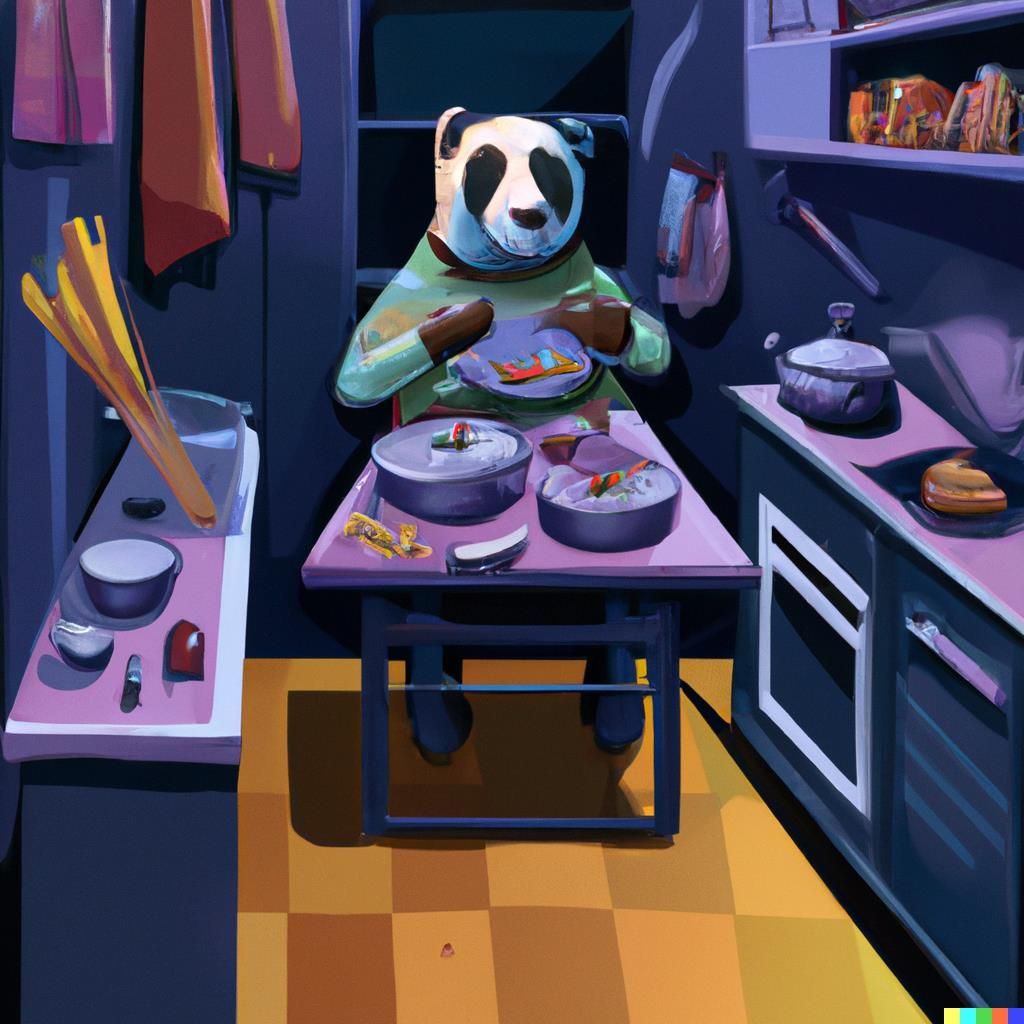 panda cooking dinner in modern house, digital art | OpenArt
