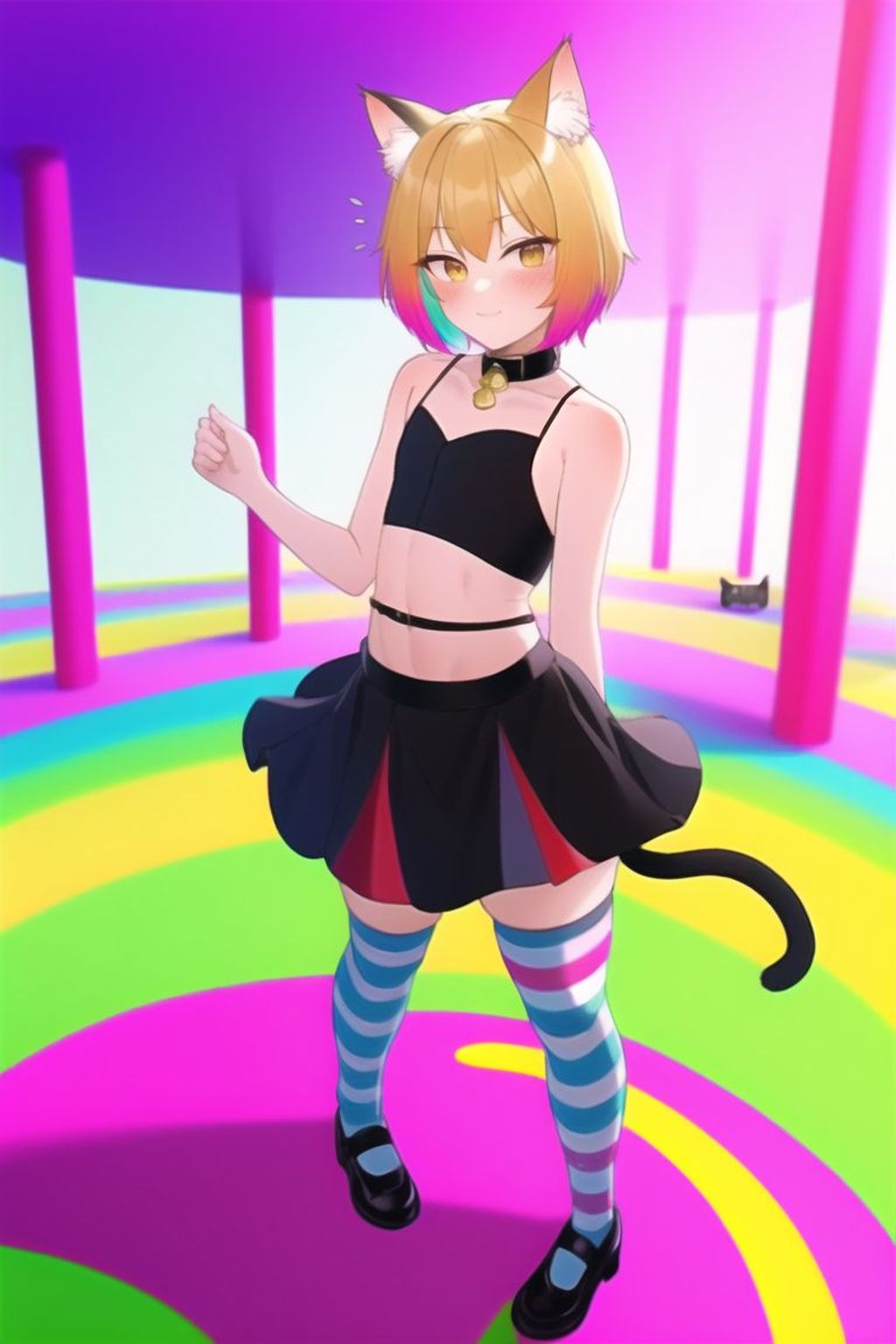 black skirt, striped stockings, catboy, cat ears, ca... | OpenArt
