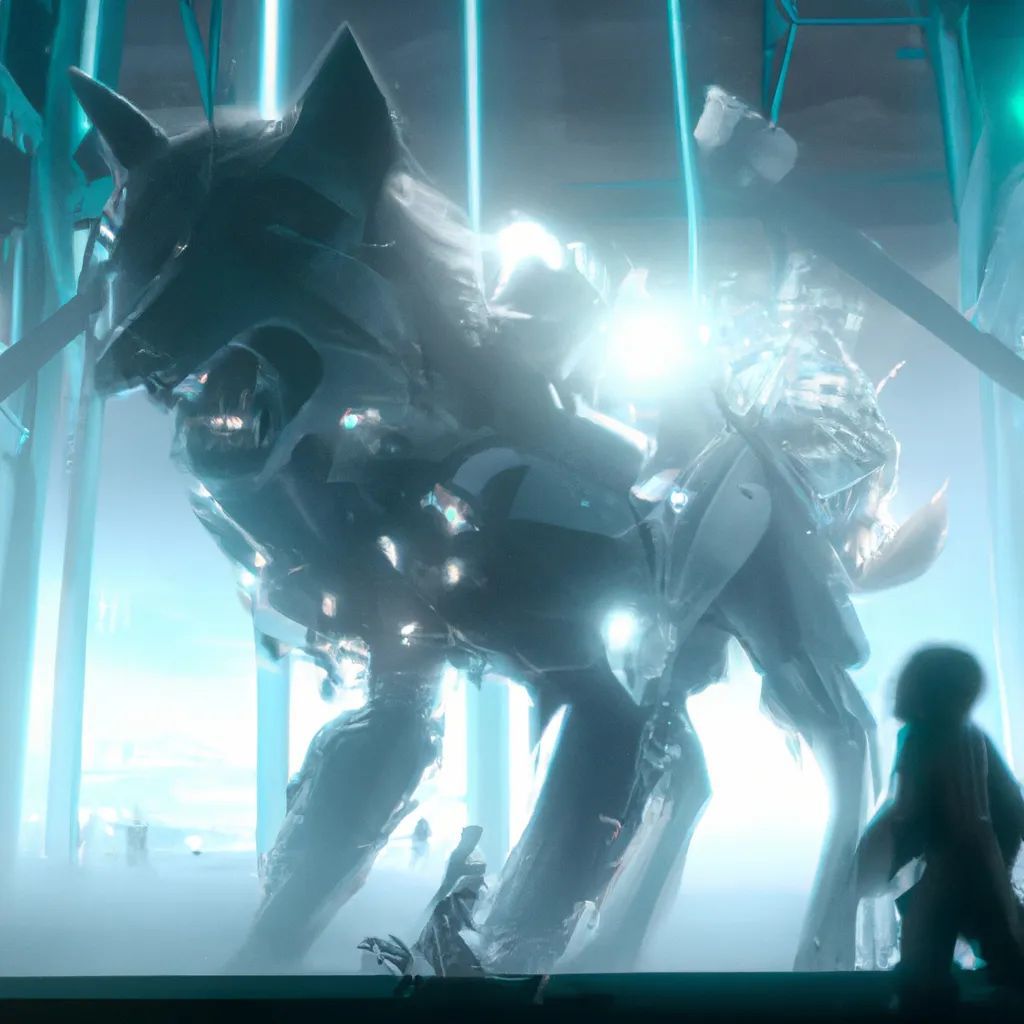 splash art of a giant cyborg wolf next to small huma... | OpenArt