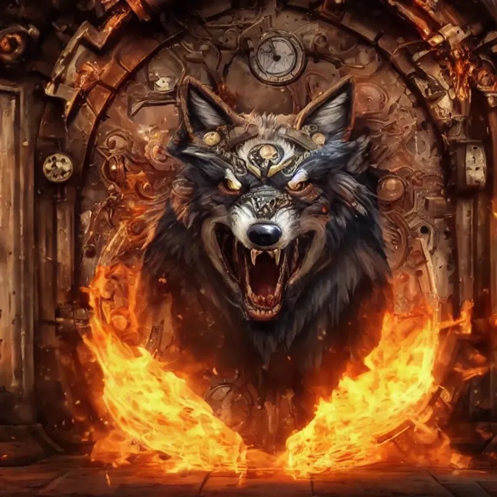 splash art of an angry clockwork wolf head on a temp... | OpenArt