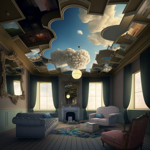 surrealist savvy living room, ceiling mirror, photor... | OpenArt