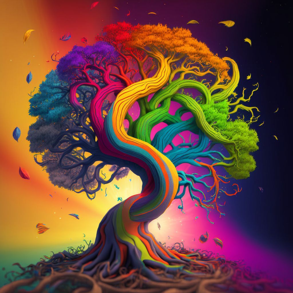 colorful gnarled tree of life, spiral colors in the... | OpenArt