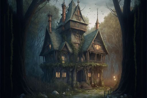 an evil witch house in the grim, forest, concept art... | OpenArt