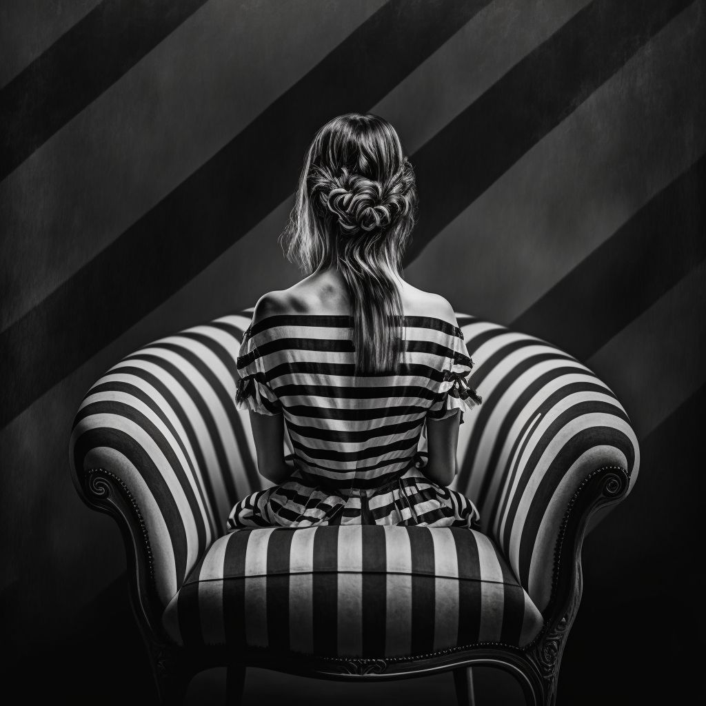 a woman sitting on top of a black and white striped... | OpenArt