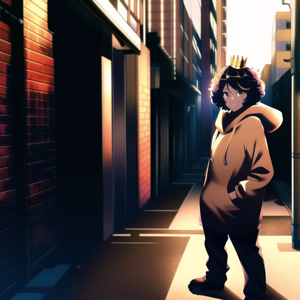 golden crown on head, hood up, closed mouth smile, b...