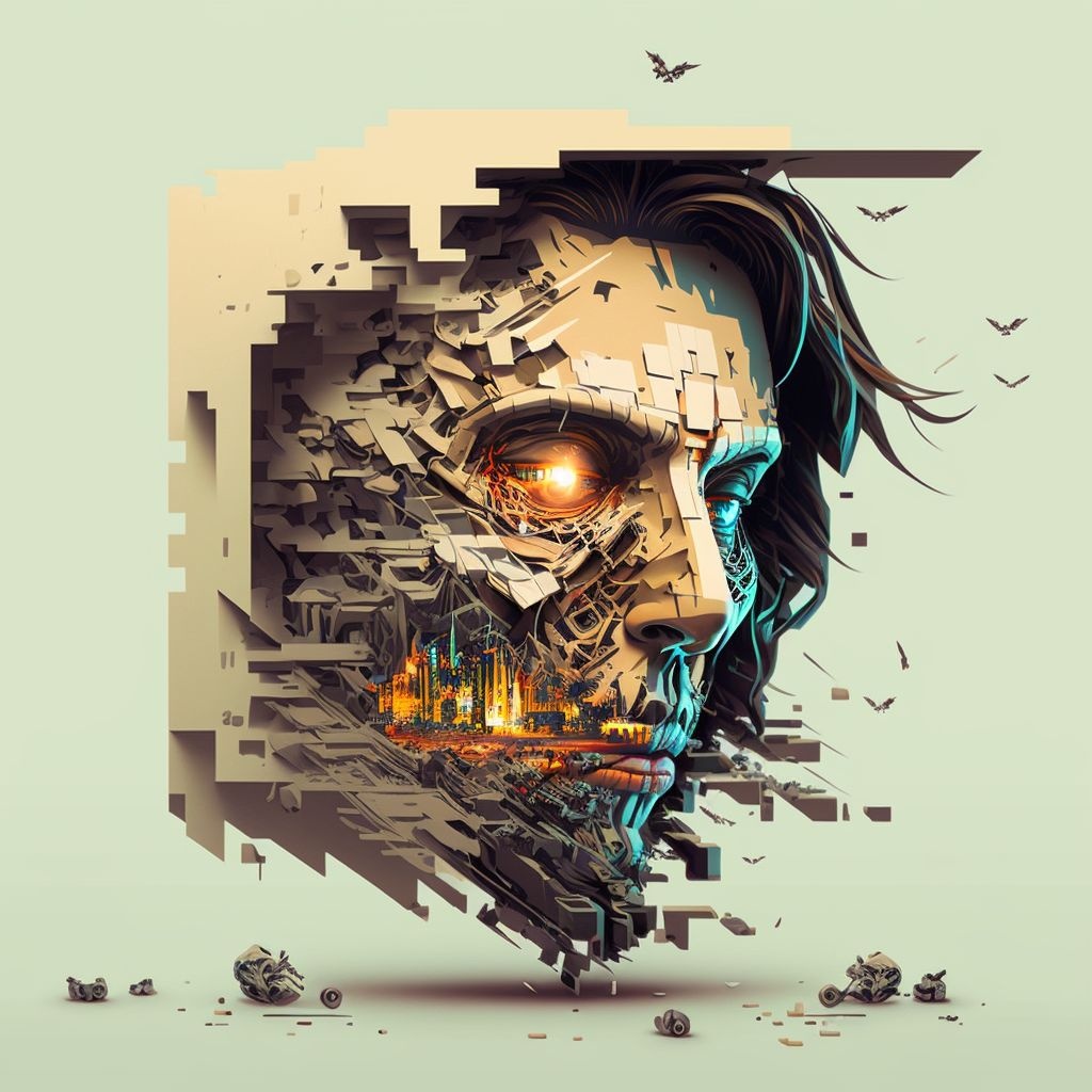 triple 3d exposure of vector art morping into pixel art