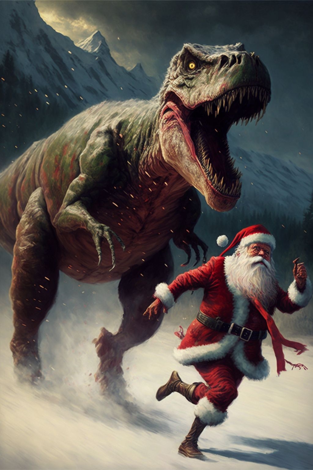 Santa Claus being chased by a T-Rex