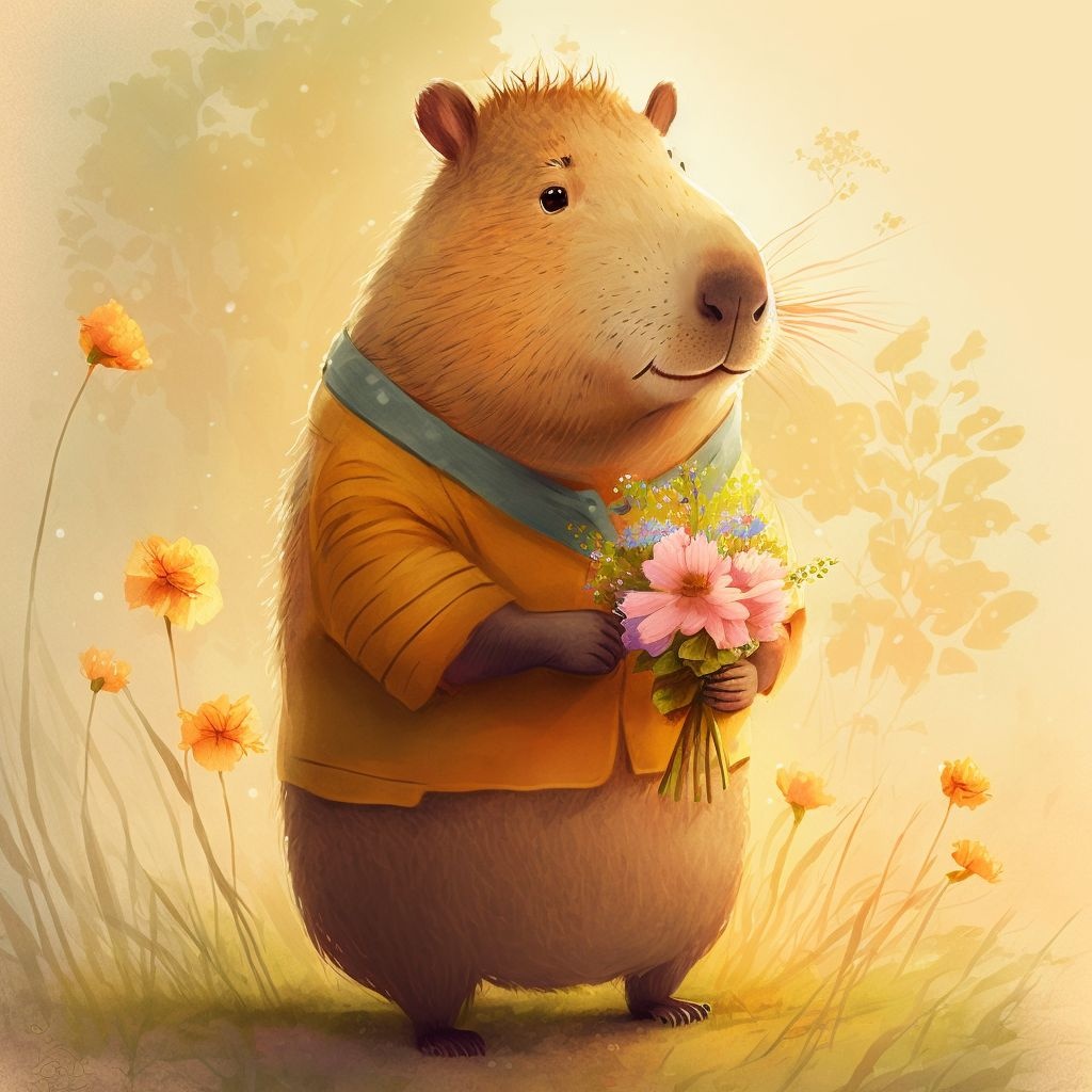 portrait of a capybara wearing cute outfit, flowers...