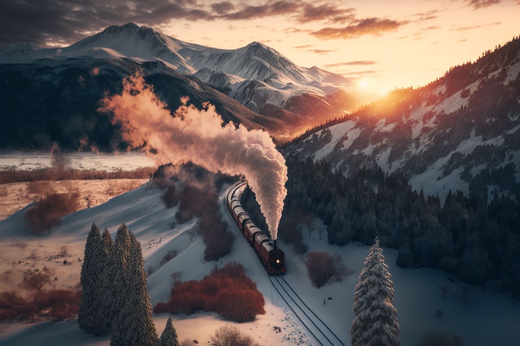 wide angle drone shot of snowy mountains with a stea... | OpenArt