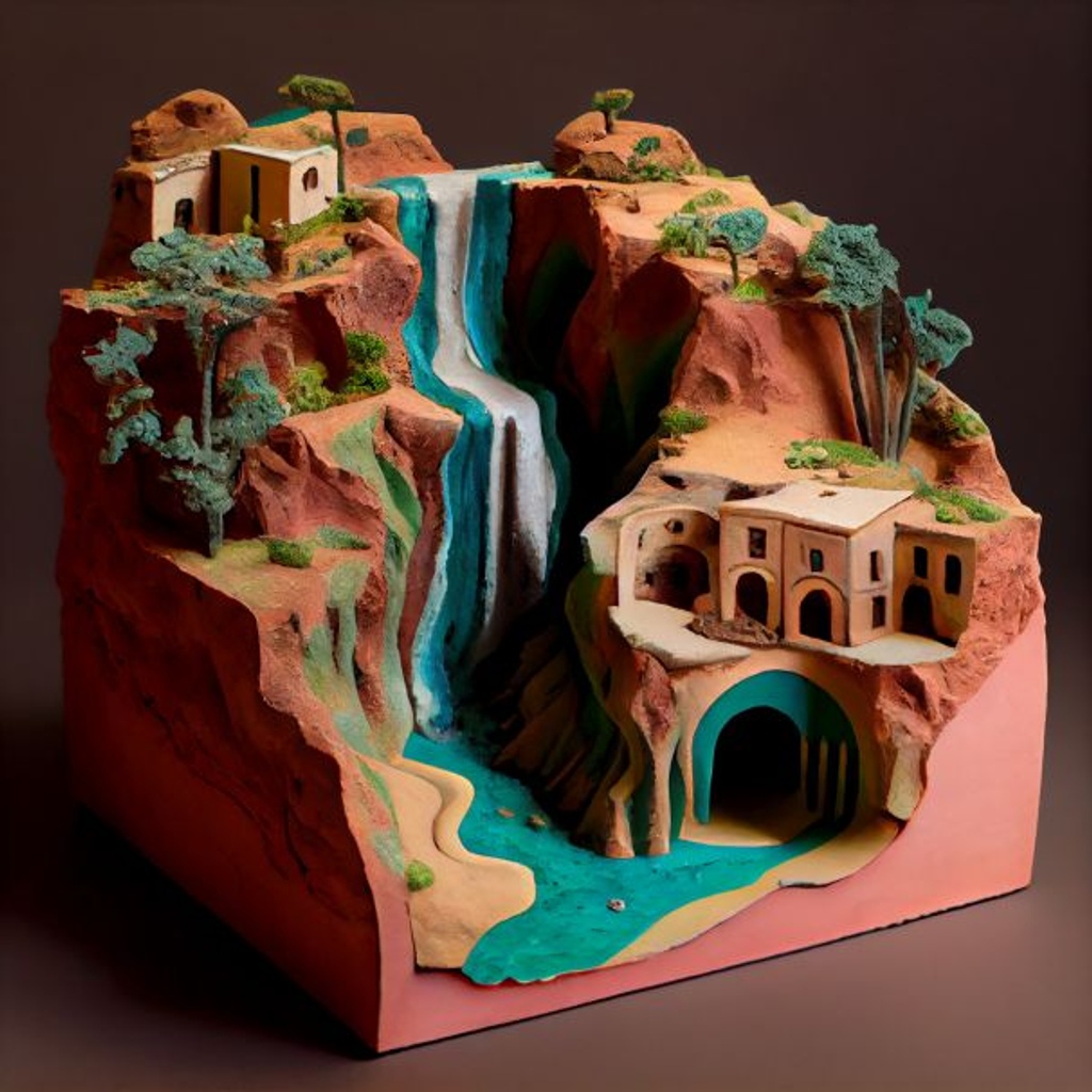 a diorama made of terracotta containing small rivers...