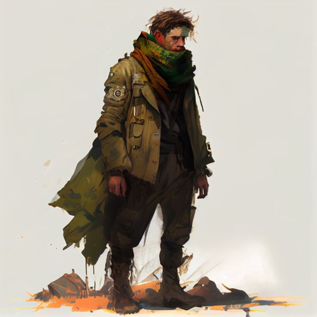 green scarf, long tattered coat, tall lean mature ma... | OpenArt