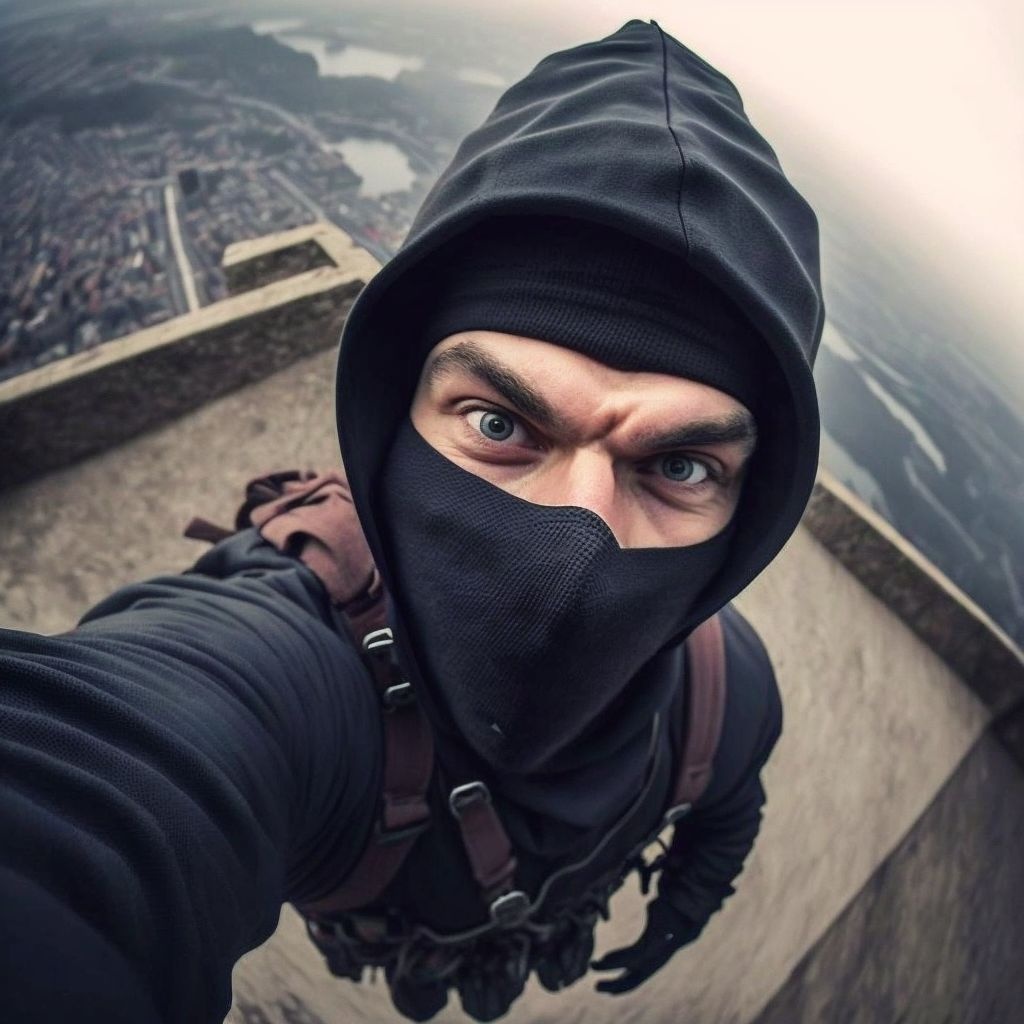 ninja cliffhanger taking selfie | OpenArt