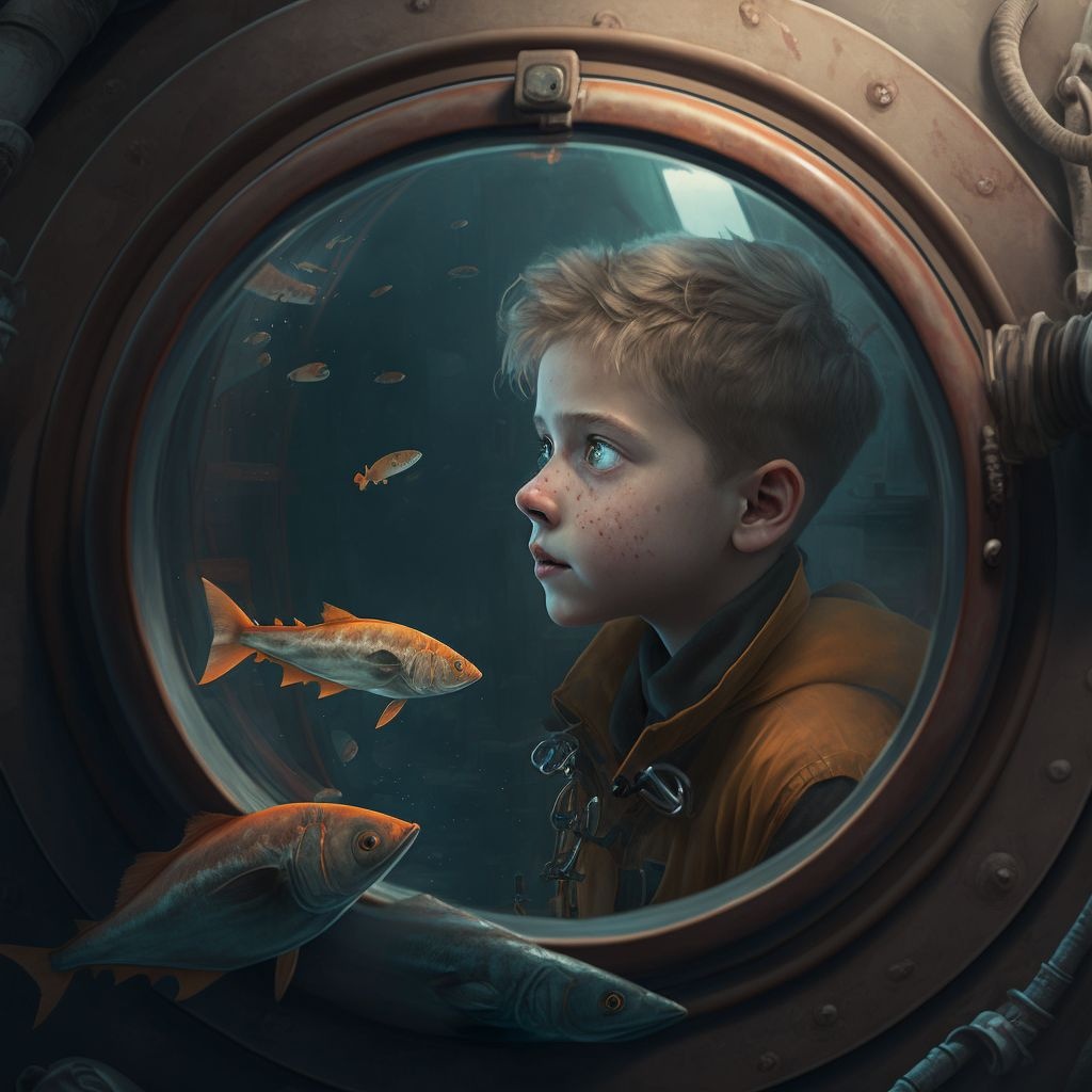 a young boy looking at a fish through a porthole, a... | OpenArt