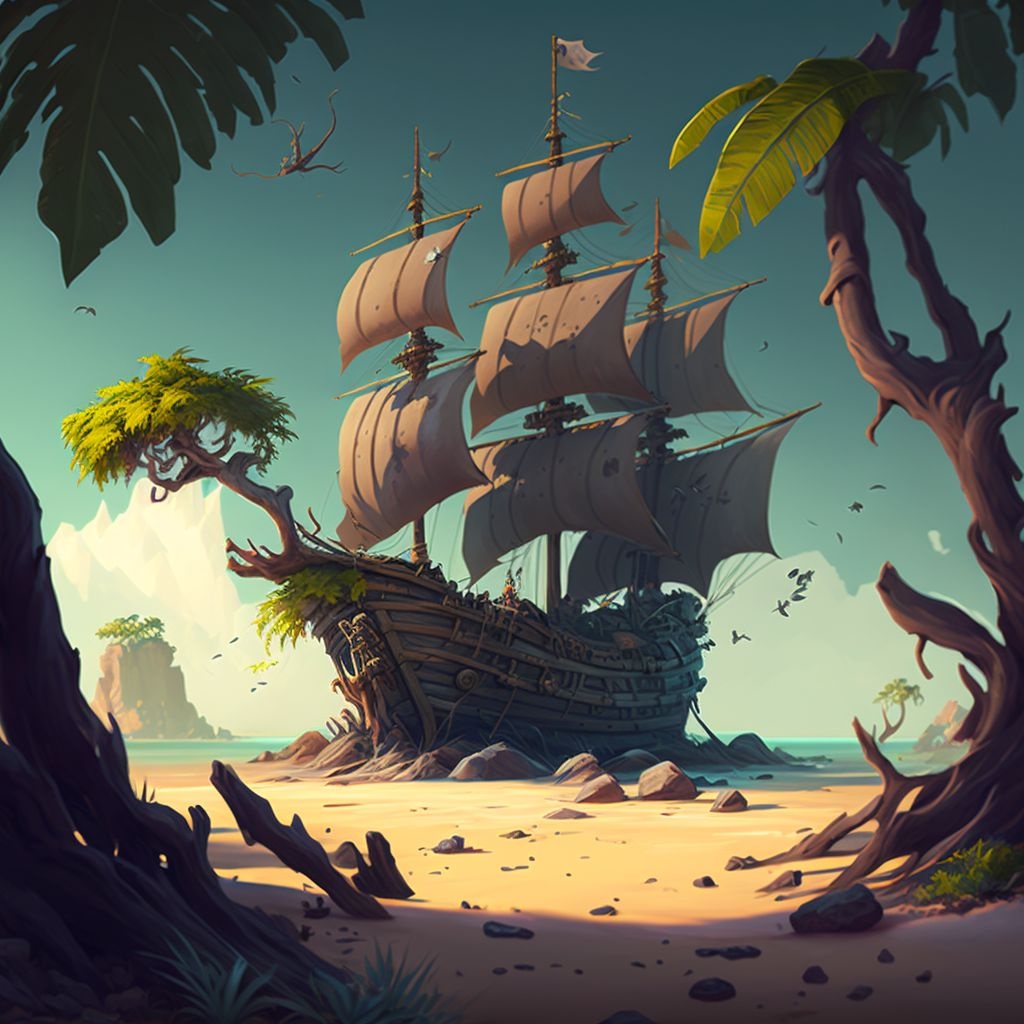 a pirate ship sitting on top of a sandy beach, Artst...