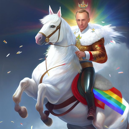 putin riding a unicorn with rainbow hair, hearts sta... | OpenArt