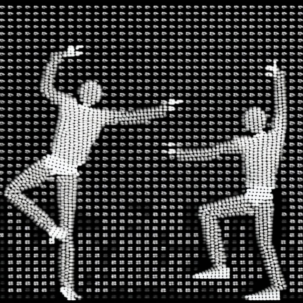 stick figures dancing, dot matrix, black and white | OpenArt