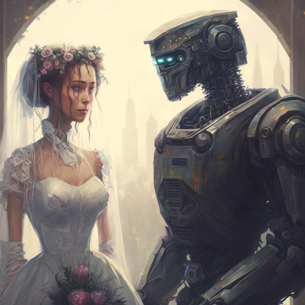 man and a female robot getting married | OpenArt