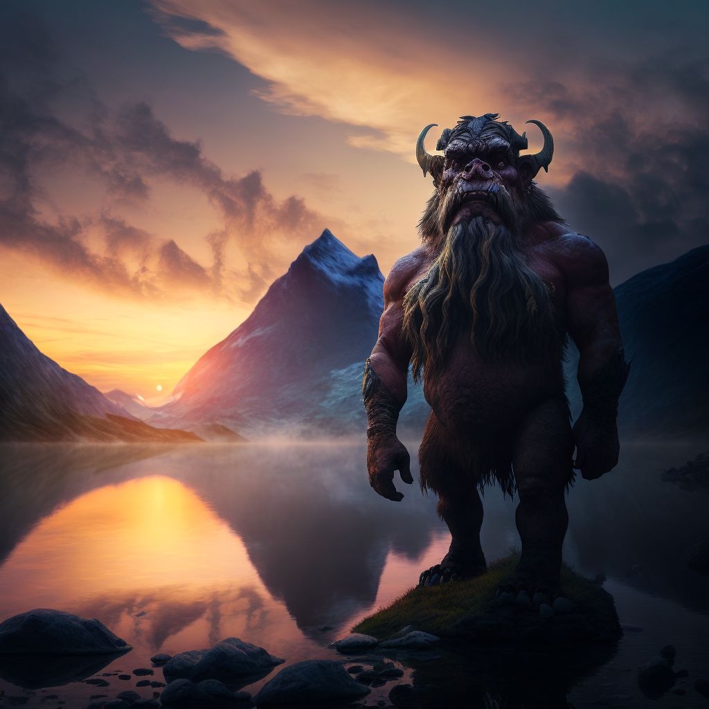 Giant troll in the Norwegian mountains, sunset | OpenArt