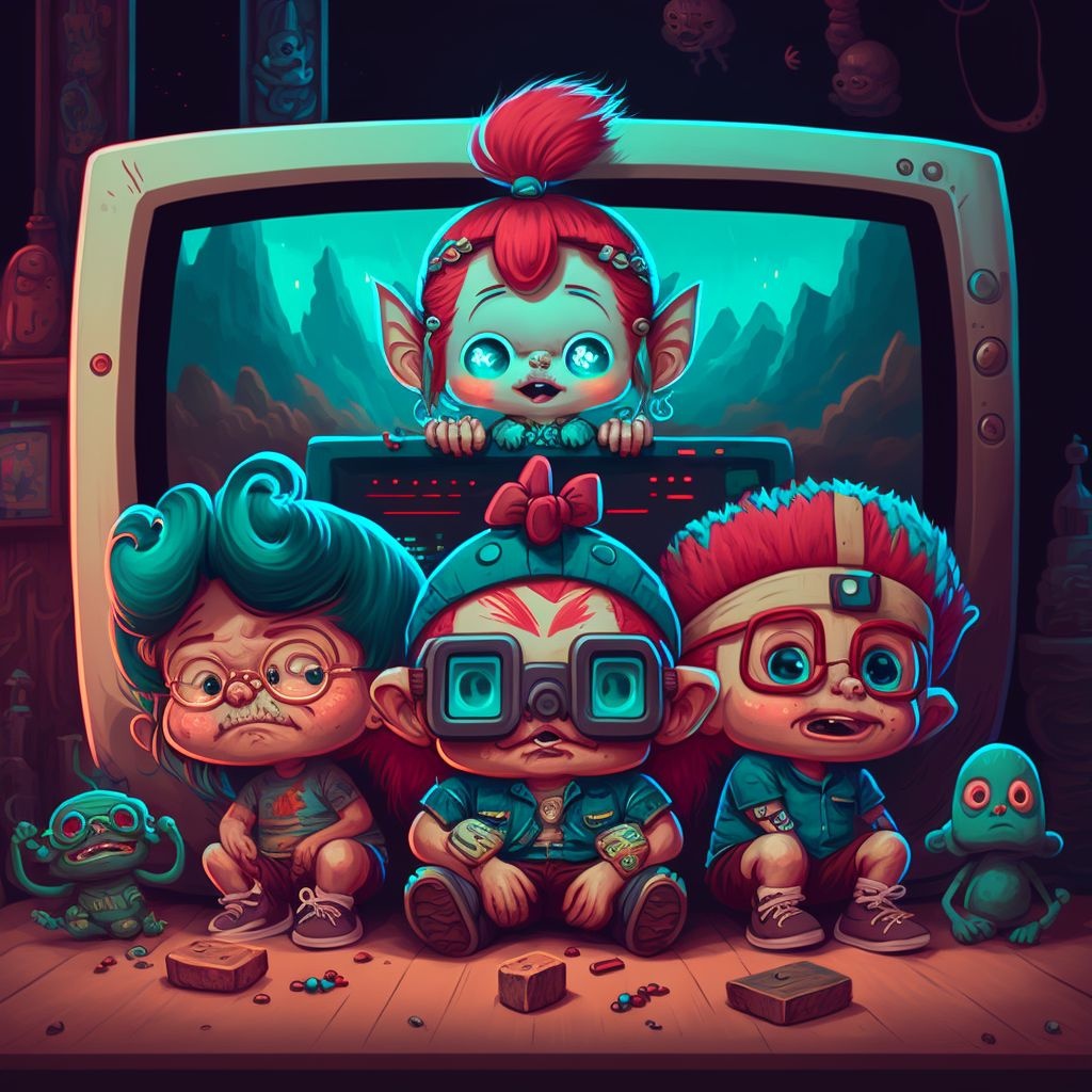 a group of cartoon characters sitting on top of a tv... | OpenArt