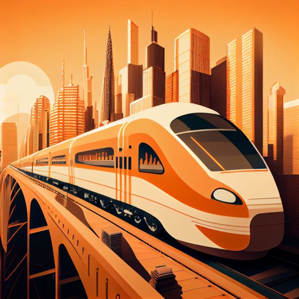 orange and white bullet train traveling on a long co... | OpenArt