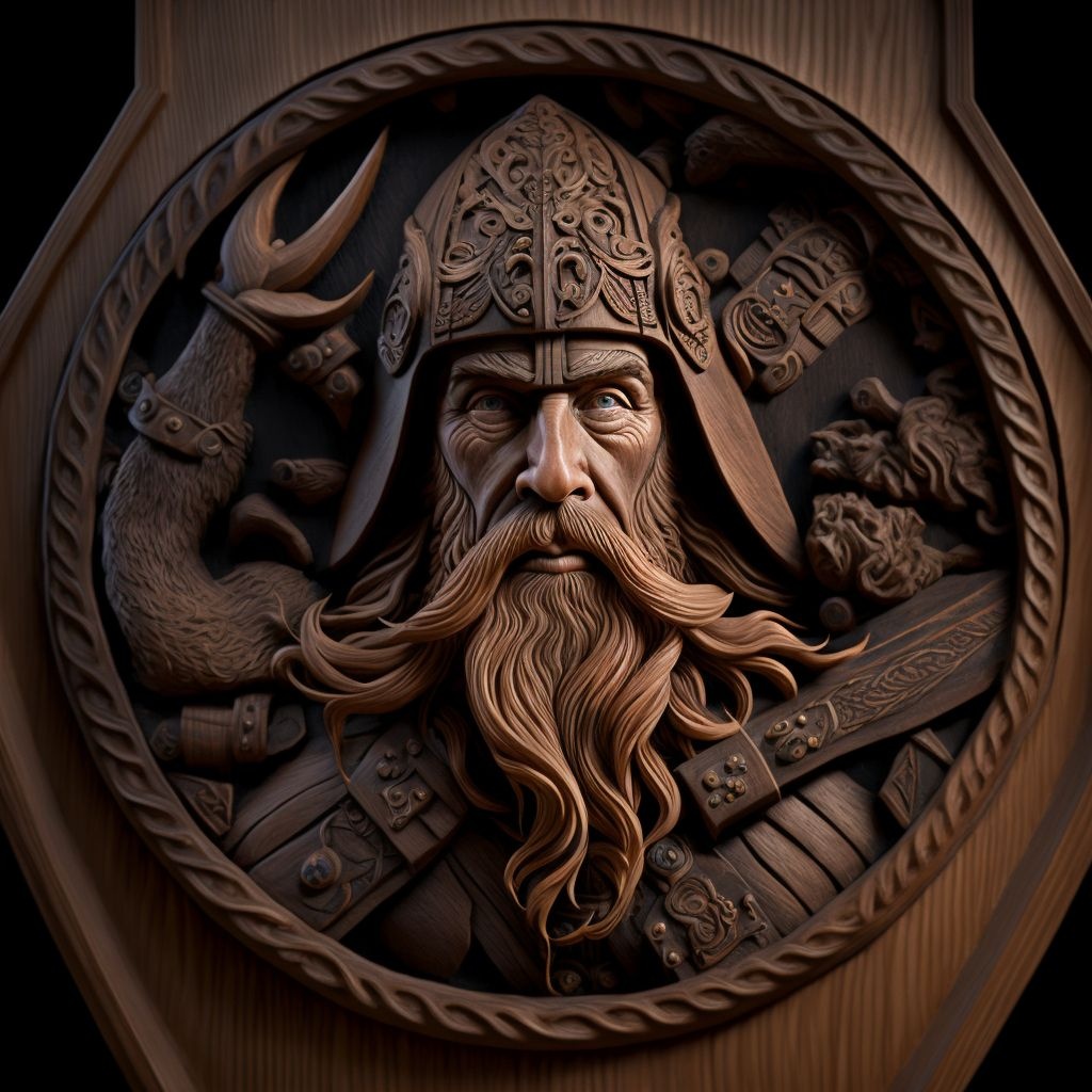 viking art carved in wood, front view