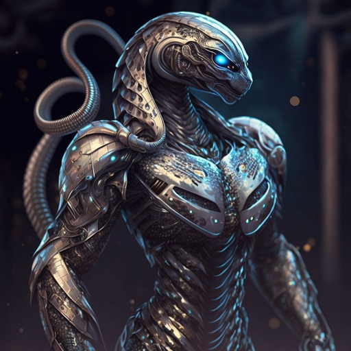 silver scaled cyberpunk snake, full body