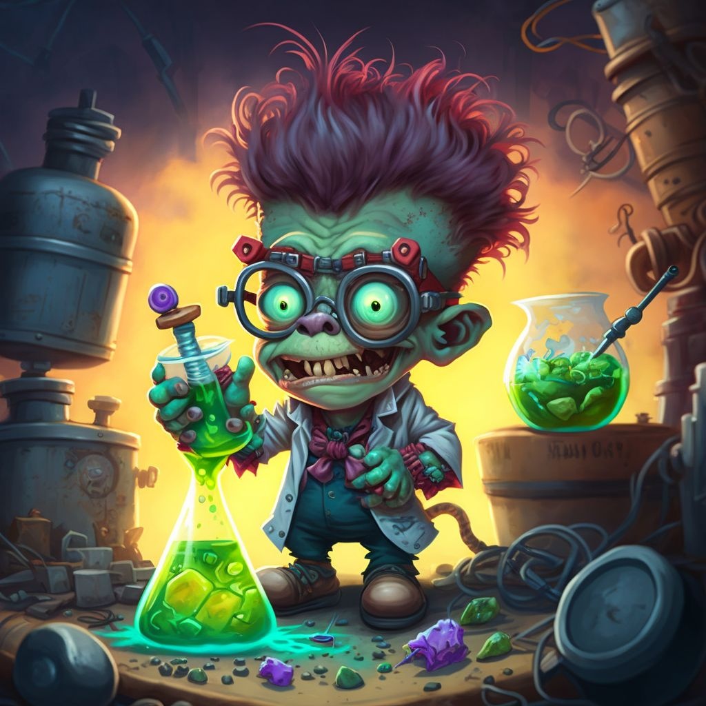 mad scientist zombie in the lab, garbage pail kids