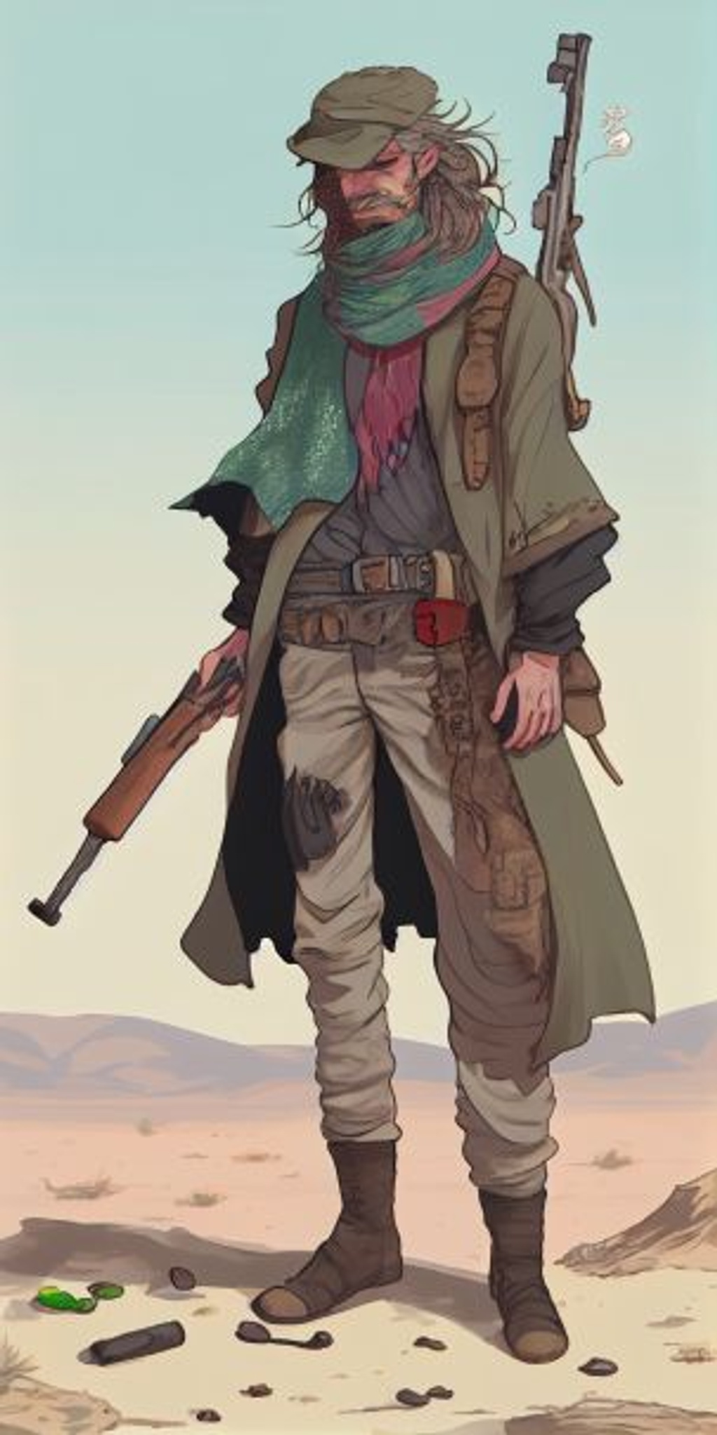 green scarf, long tattered coat, tall lean mature ma... | OpenArt