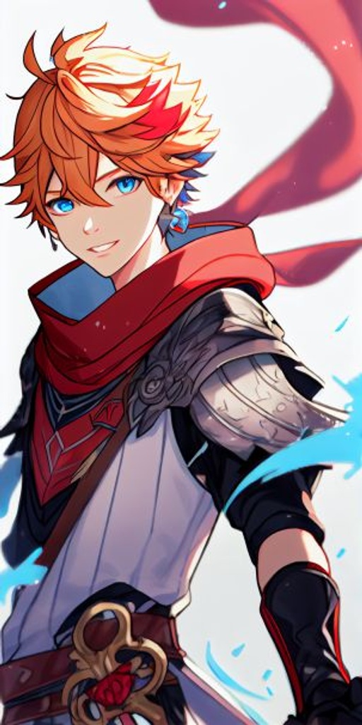 Genshin Impact character with short ginger hair, blu...