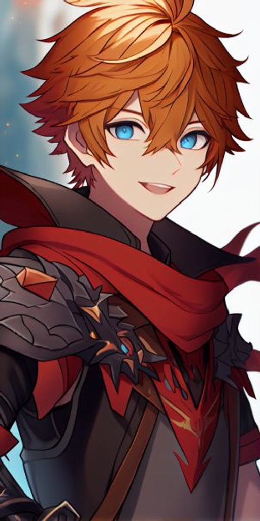 Genshin Impact character with short ginger hair, blu...
