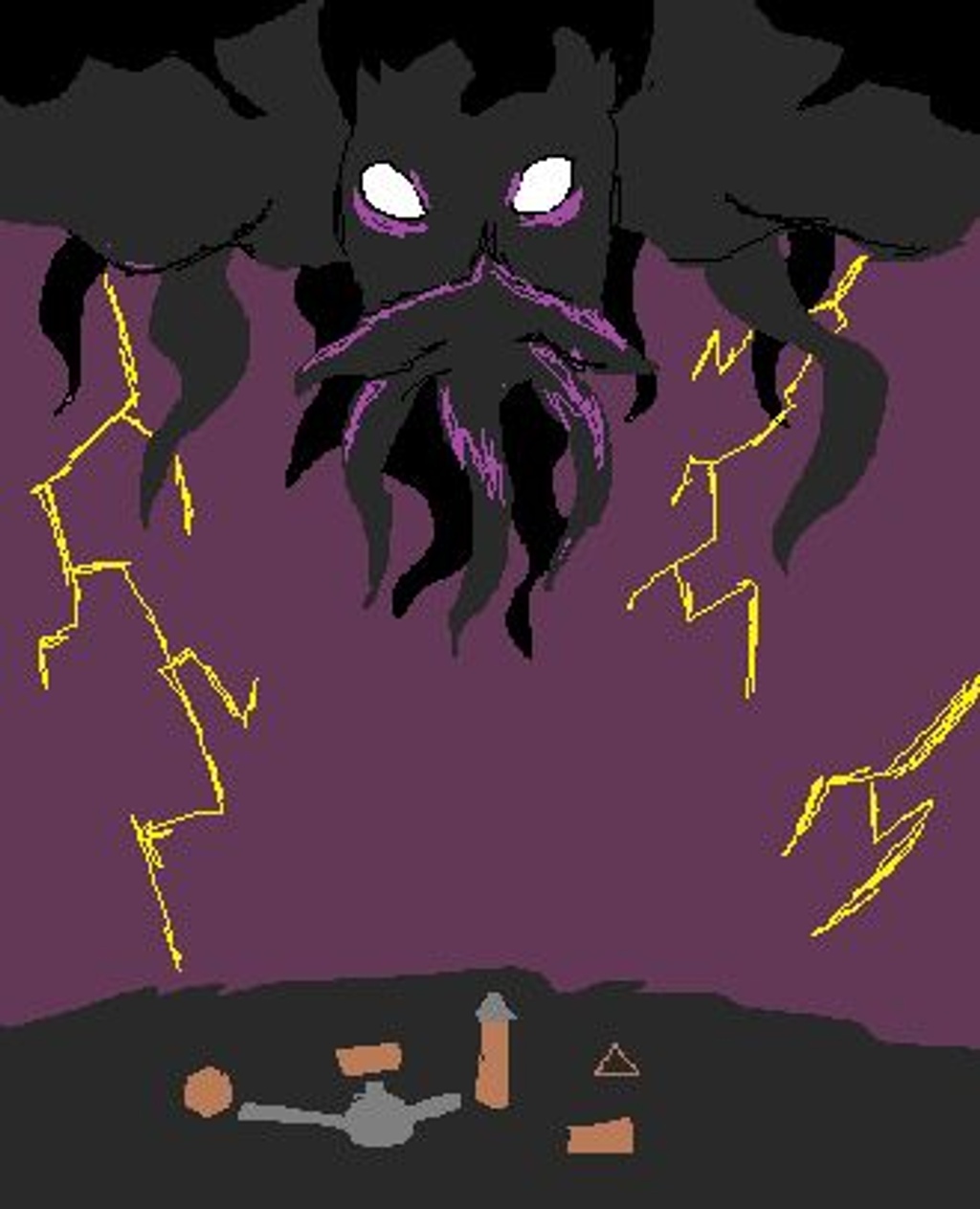 eldritch squid god towering over small village, tent... | OpenArt