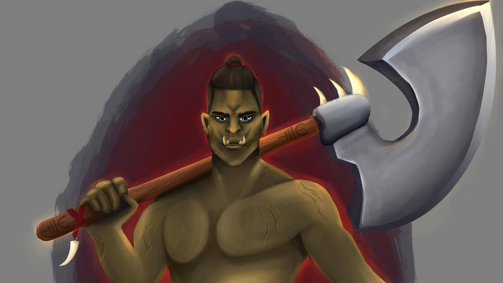 half-orc male with dark green skin, dual wielding ax...