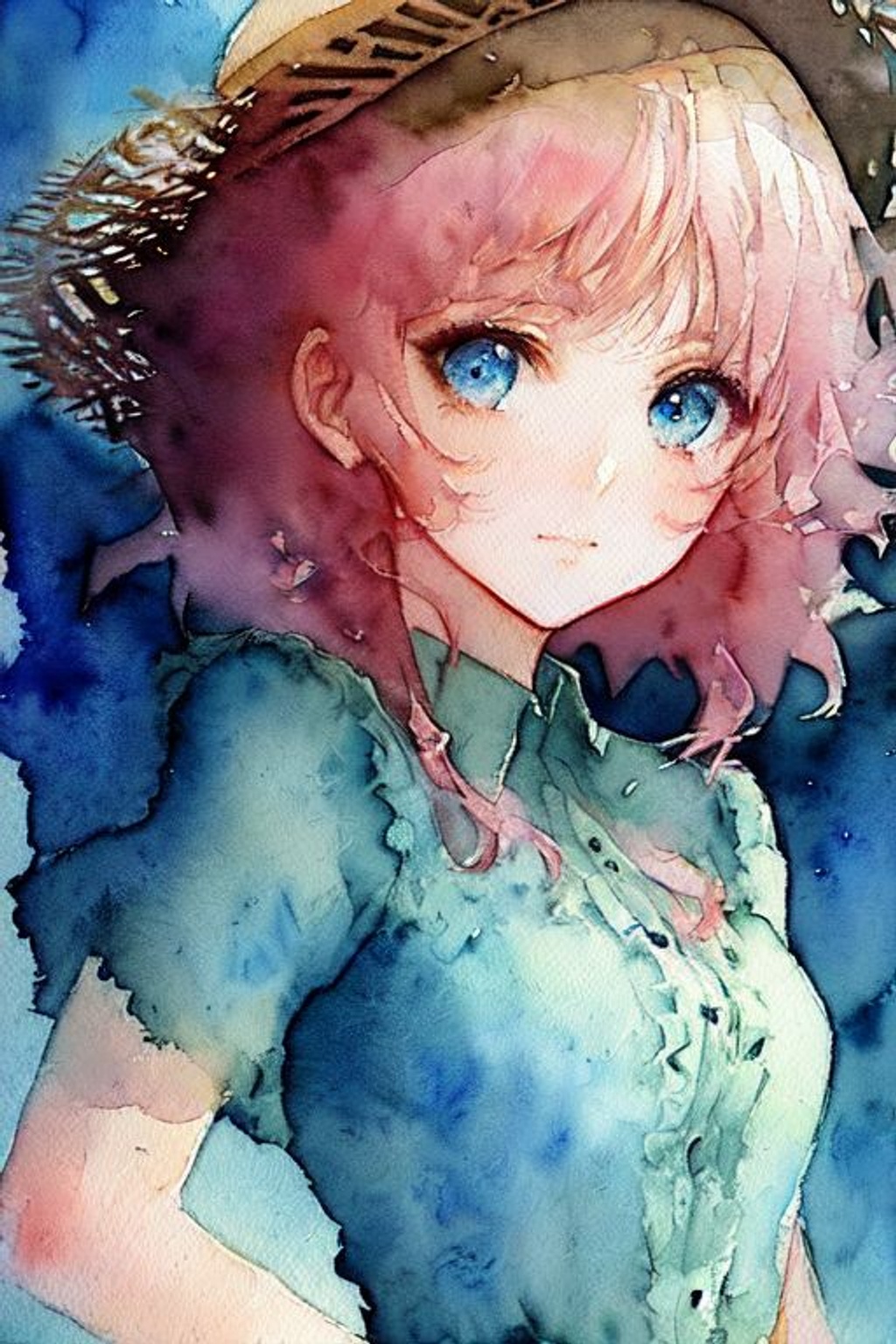 portrait of a cute girl with pink hair with straw ha... | OpenArt