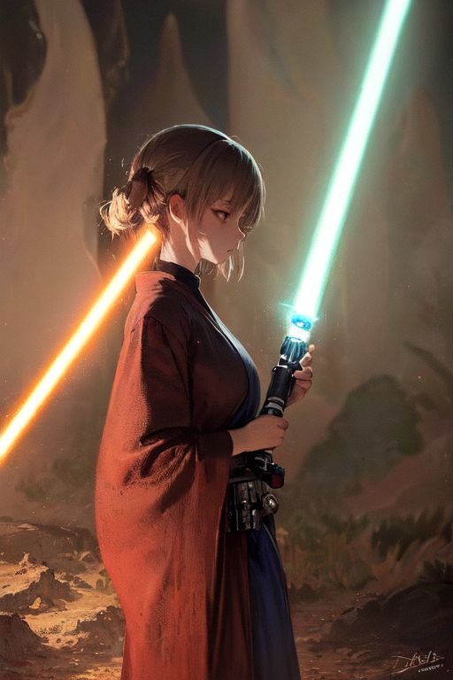 Girl Jedi standing on a cliff with her blue lightsab... | OpenArt