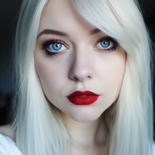 close up pale white girl face, gold hair, red lipsti...